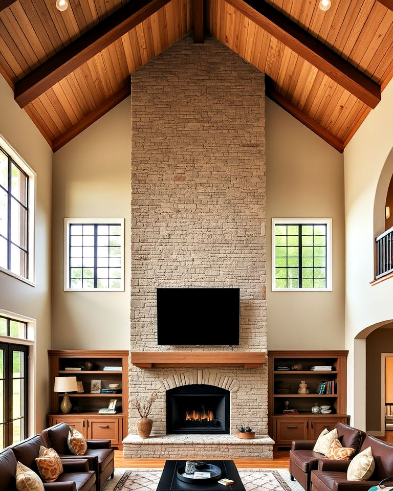 20 Living Rooms with Vaulted Ceilings and Fireplace Ideas